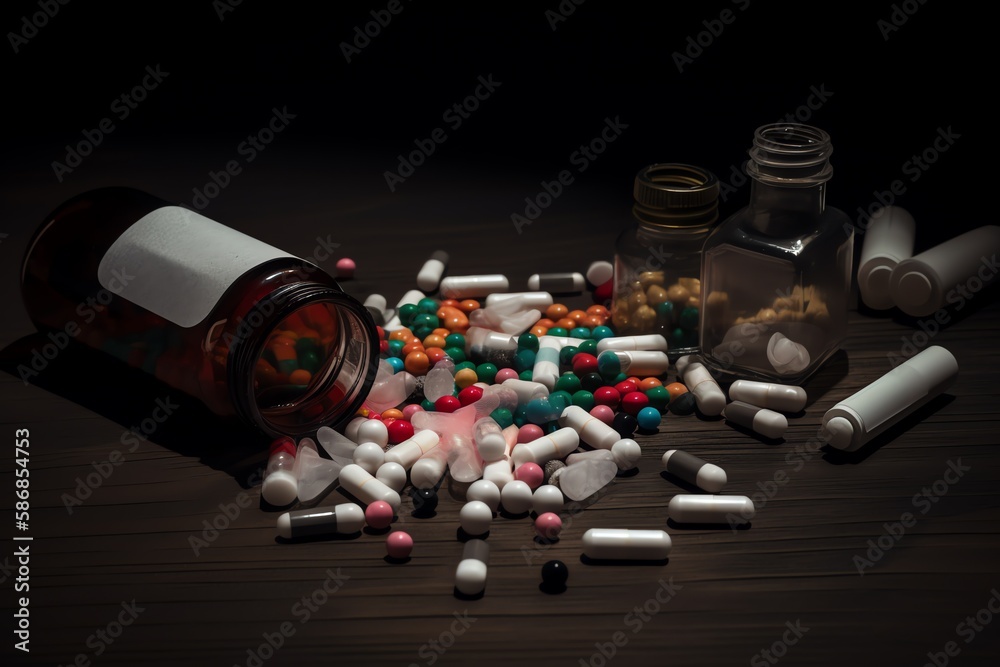 Drugs and pills on the dark table. Drugs illegal. Drug addiction ...