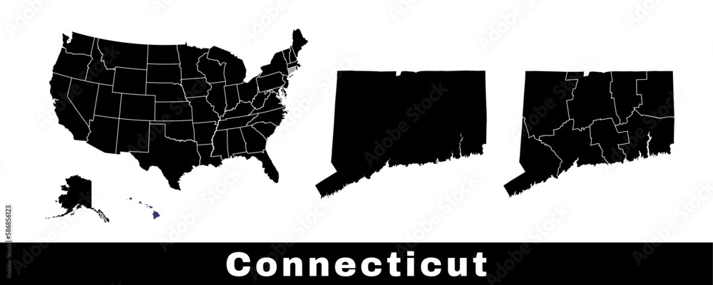 Map of Connecticut state, USA. Set of Connecticut maps with outline ...