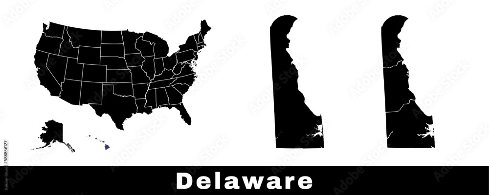 Map of Delaware state, USA. Set of Delaware maps with outline border ...
