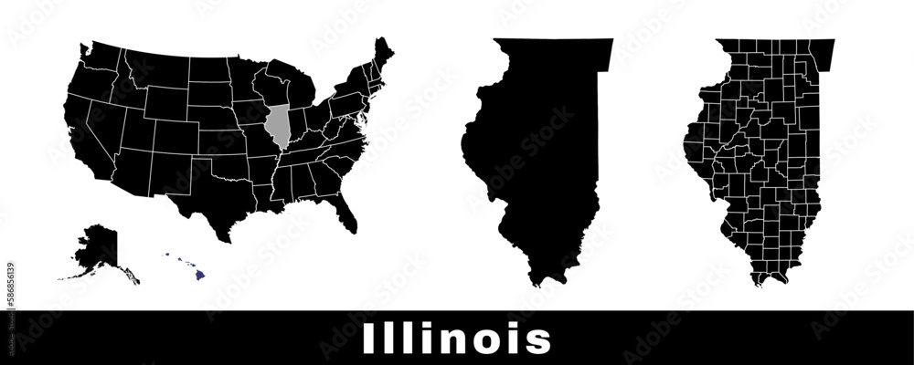 Map of Illinois state, USA. Set of Illinois maps with outline border ...