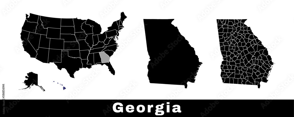 Map of Georgia state, USA. Set of Georgia maps with outline border ...