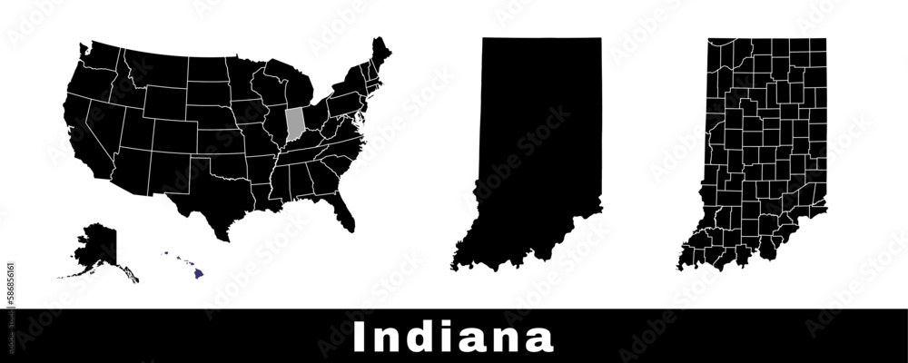 Map of Indiana state, USA. Set of Indiana maps with outline border ...