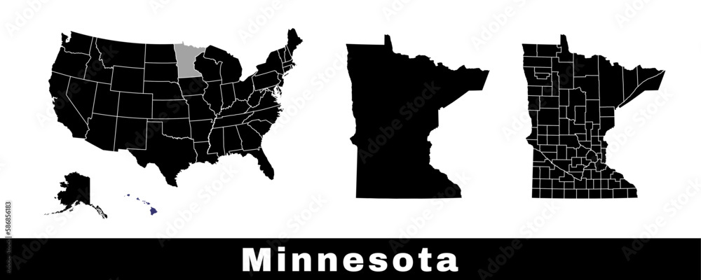 Minnesota state map, USA. Set of Minnesota maps with outline border ...