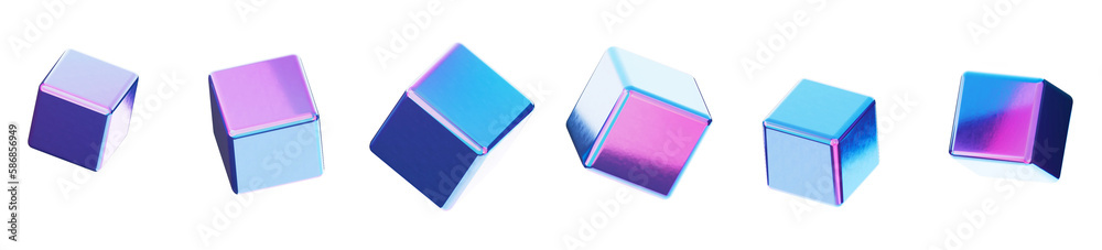 Set of pink and blue futuristic metallic 3D cubes, transparent ...