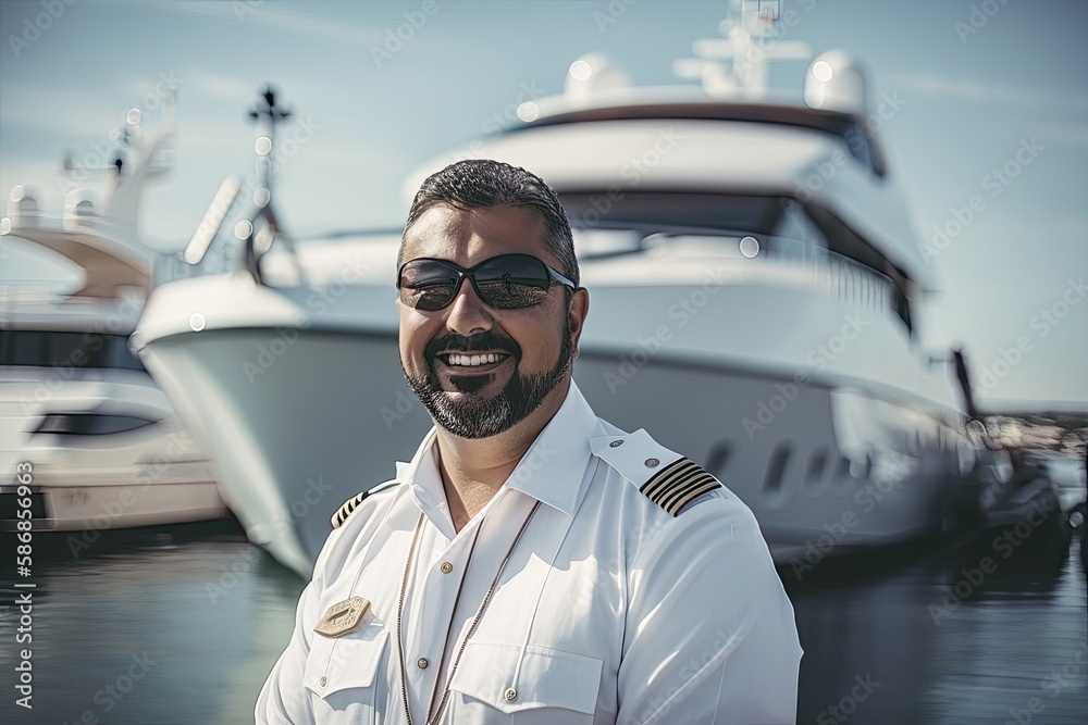 captain standing proudly in front of a luxurious yacht, highlighting ...