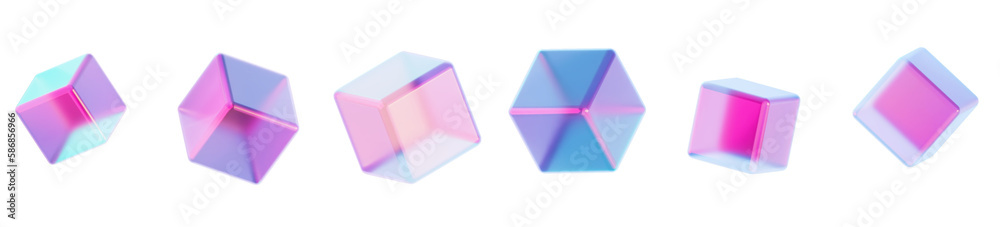 Cute cube in pink and blue neon colors, 3D rendering of cube ...