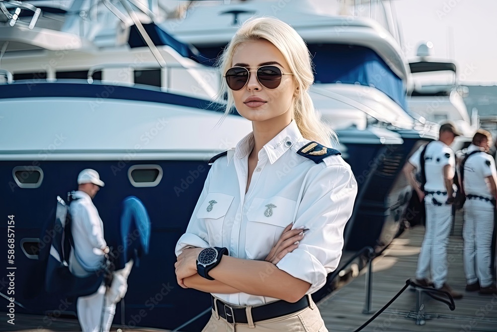 woman captain standing proudly in front of a luxurious yacht ...