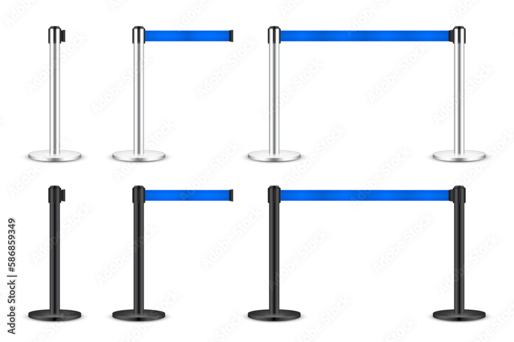 Realistic blue retractable belt stanchion. Crowd control barrier posts ...