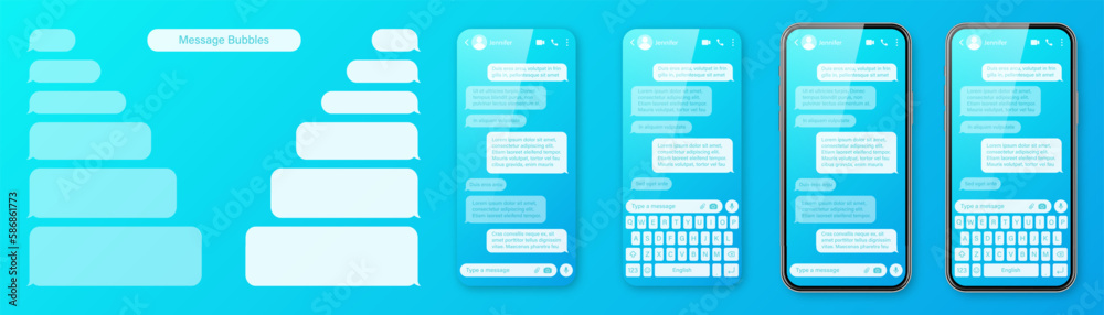 Realistic smartphone with messaging app on colorful blue background ...