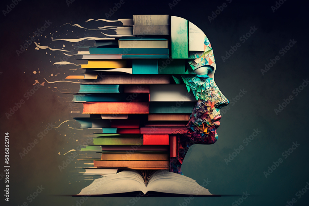 A tranquil portrait of a beautiful brooding woman effect of books ...