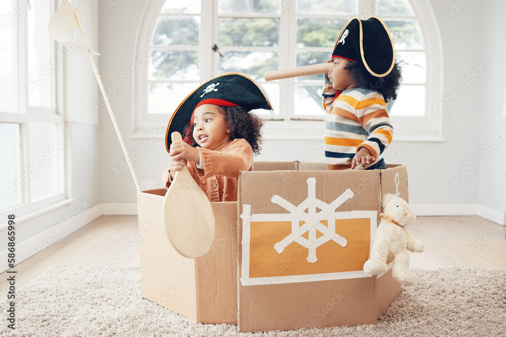 Playing, box boat and pirate children role play, fantasy imagine or ...