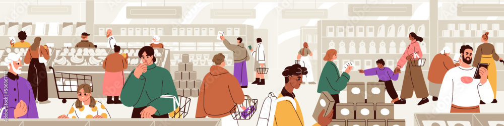 People at supermarket. Consumers visiting grocery store, shopping ...