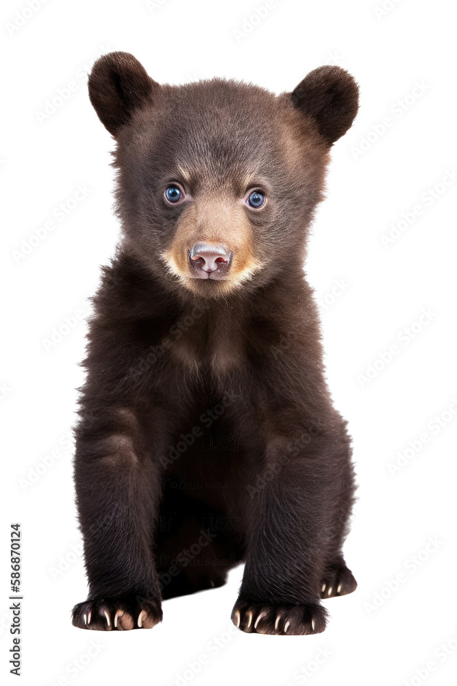 an isolated baby brown bear cub standing up, front-view, North American ...