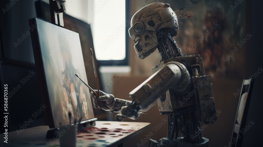 Robot drawing masterpiece on canvas ai artist bot painter generative ai ...