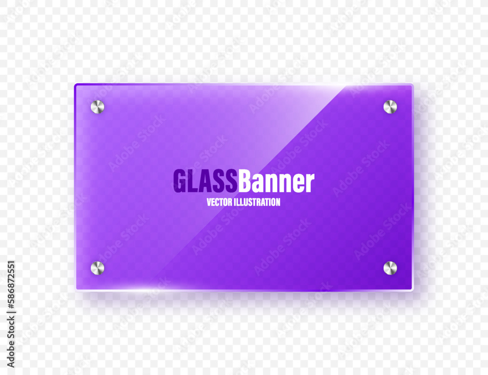 Realistic glass frame. Violet transparent glass banner with flares and ...