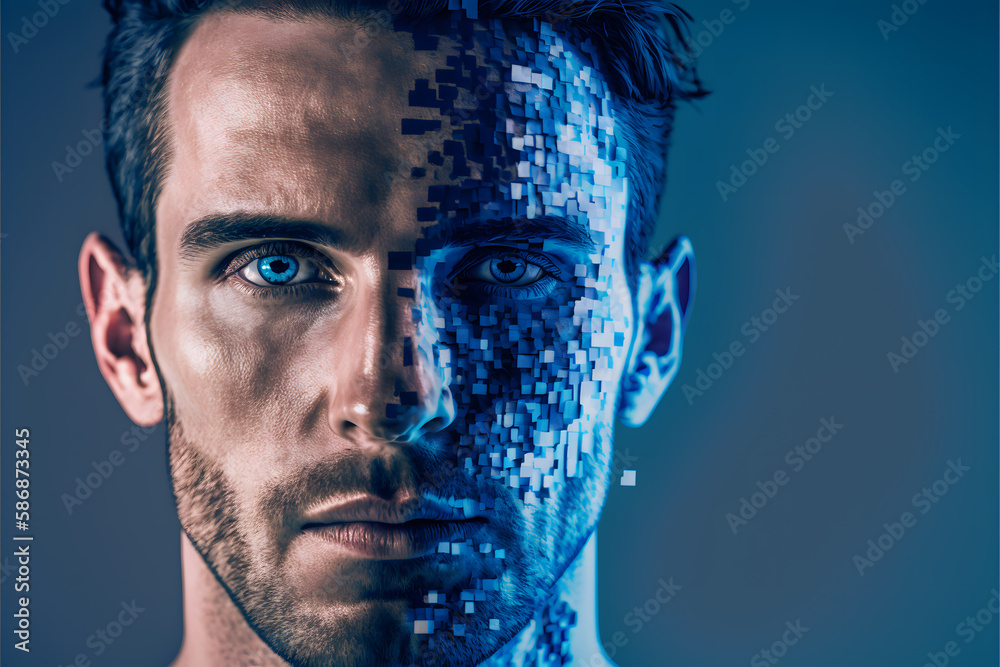 Man's futuristic face splits into pixels created with generative AI ...