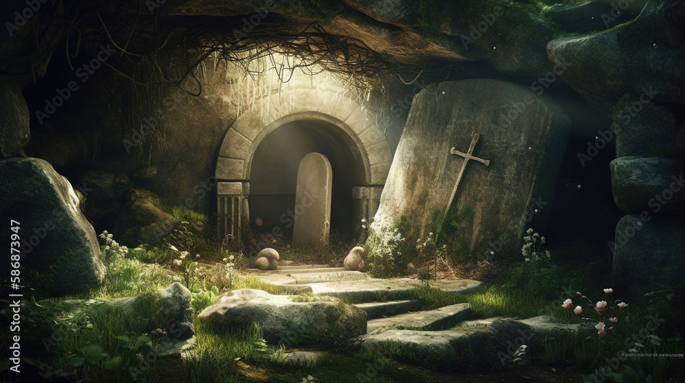 Jesus Christ risen, tomb, easter scene created using Generative AI ...