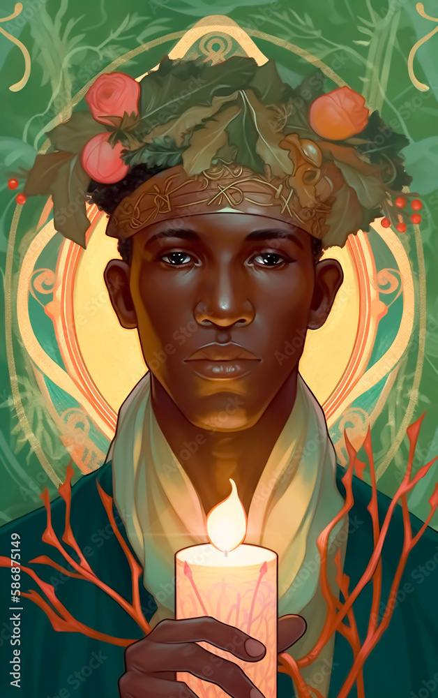 Spirit of Yule, a man holding a candle and crowned with holly ...