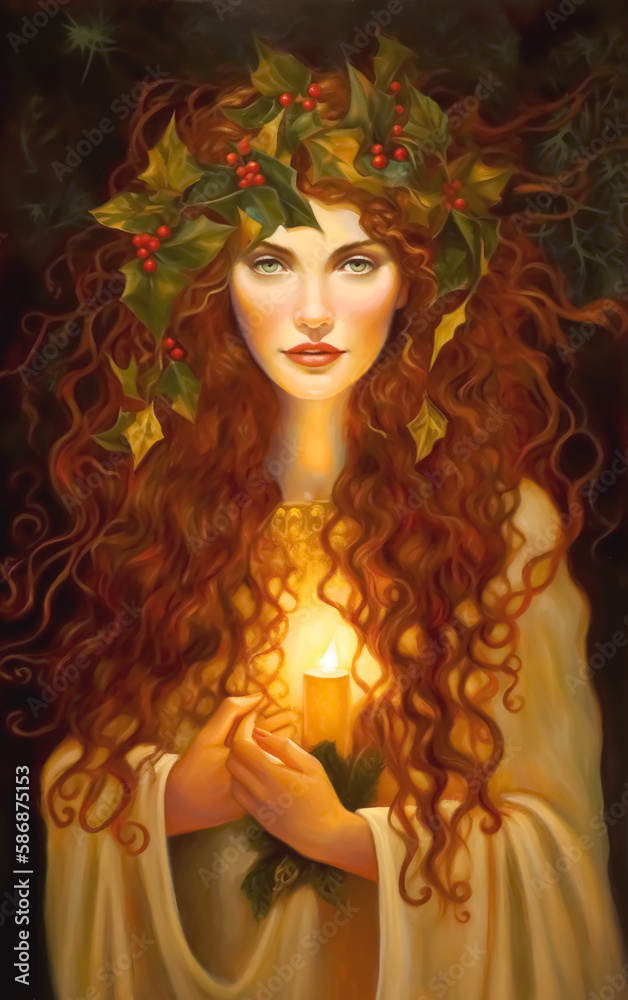 Spirit of Yule, a woman holding a candle and crowned with holly ...