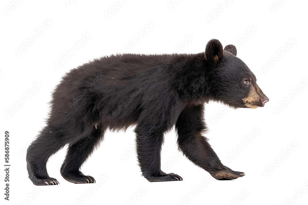 an isolated baby black bear cub walking, side-view, Alaskan, horizontal ...