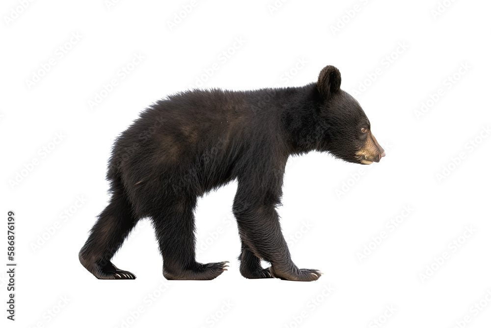 an isolated baby black bear cub walking, side-view, Alaskan, horizontal ...