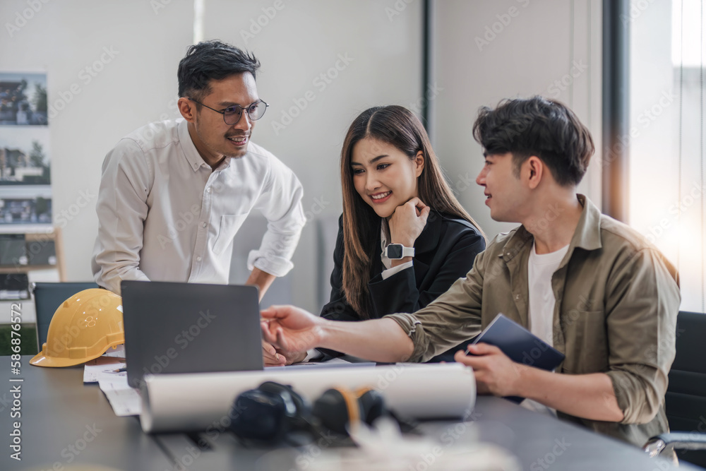 Civil engineer teams meeting working together wear worker helmets ...