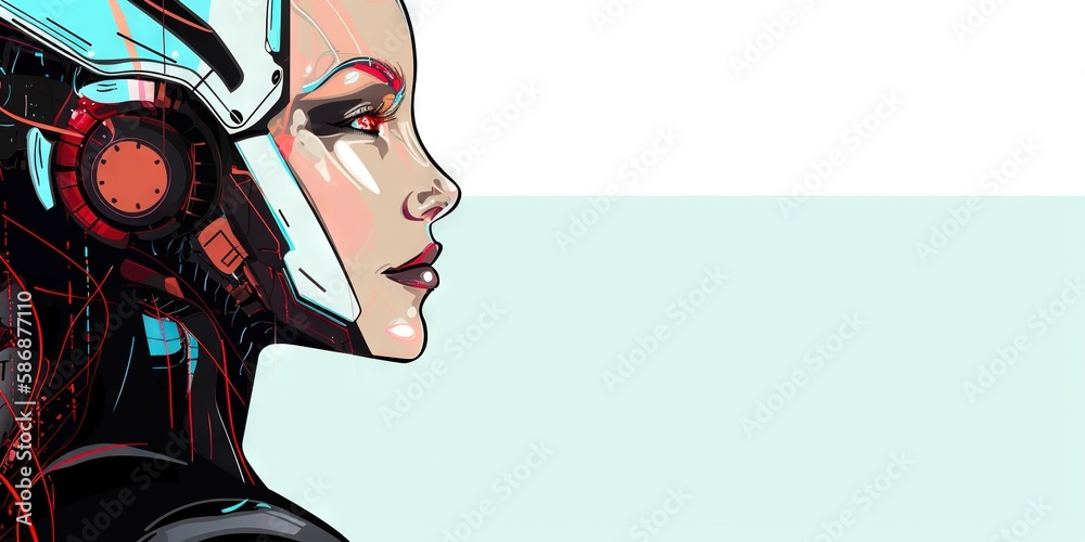 Cyborg woman side view banner. High-tech Ai bot background with copy ...