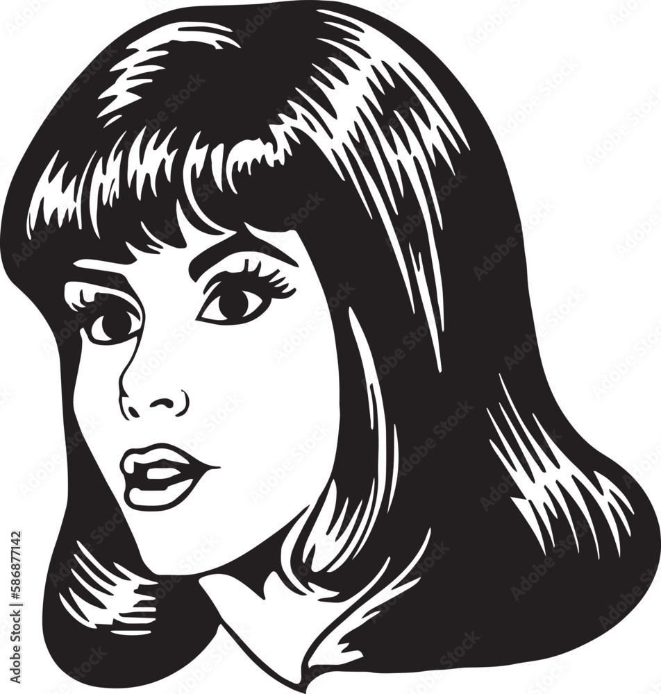 Vintage woman 60s style young woman. Retro comics woman head black and ...