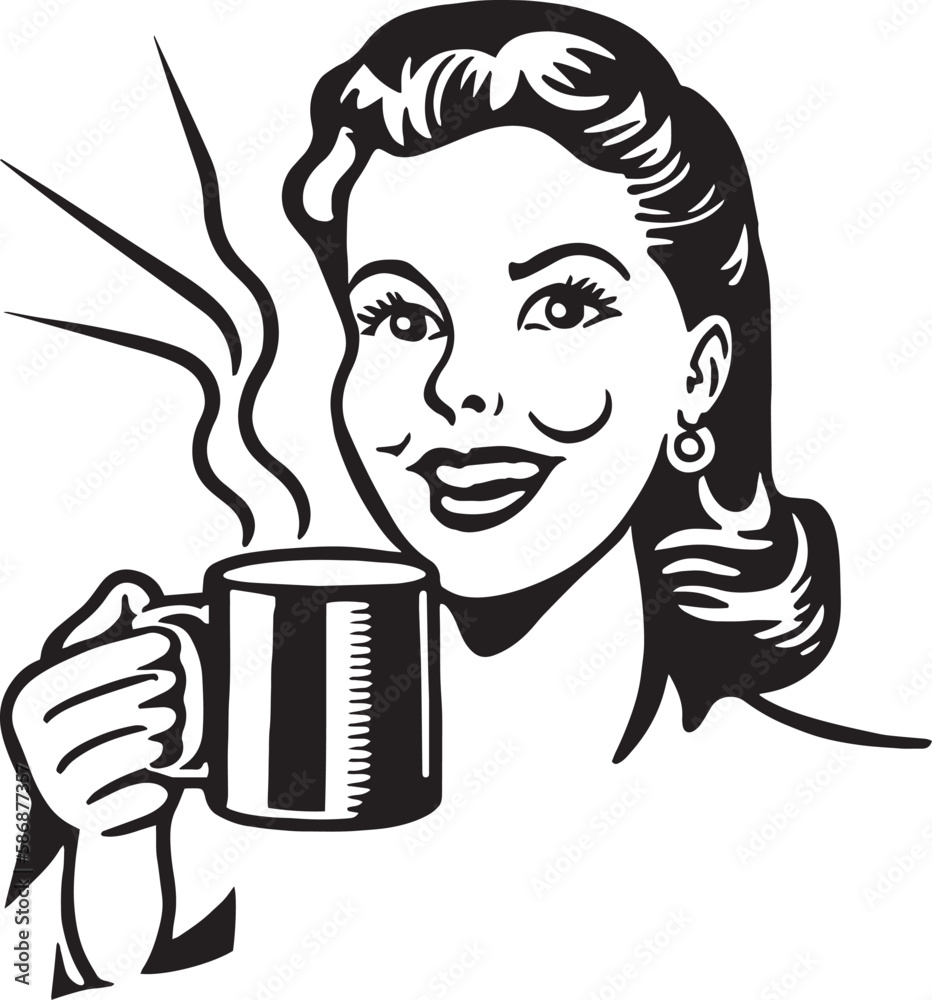 Vintage woman drinking coffee 60s style young woman. Retro comics woman ...