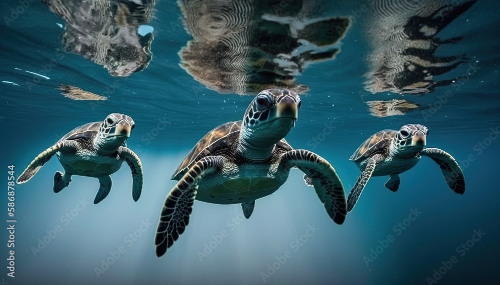 cute three baby sea turtles first time swimming in ocean, Generative Ai ...