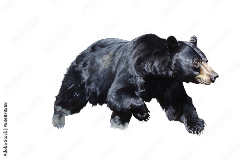 an isolated black bear running and walking, side-view portrait, North ...