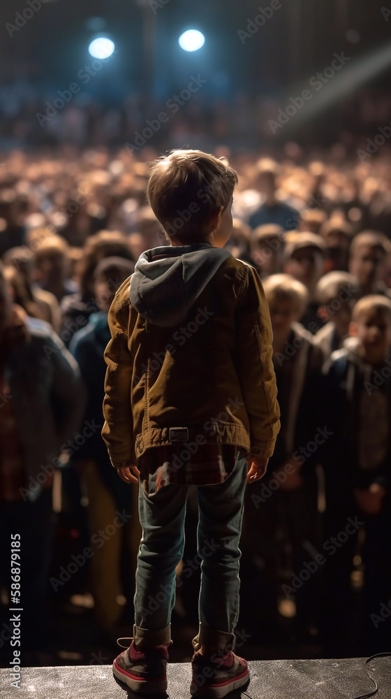 Child seen from behind performs on stage in front of a large audience ...