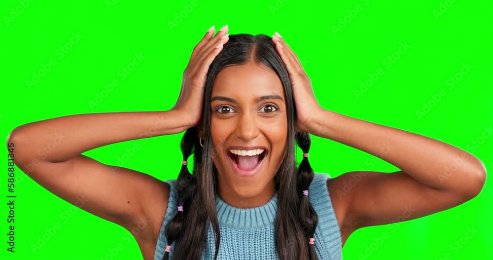 Wow, shock and face of a woman on a green screen isolated on a studio ...