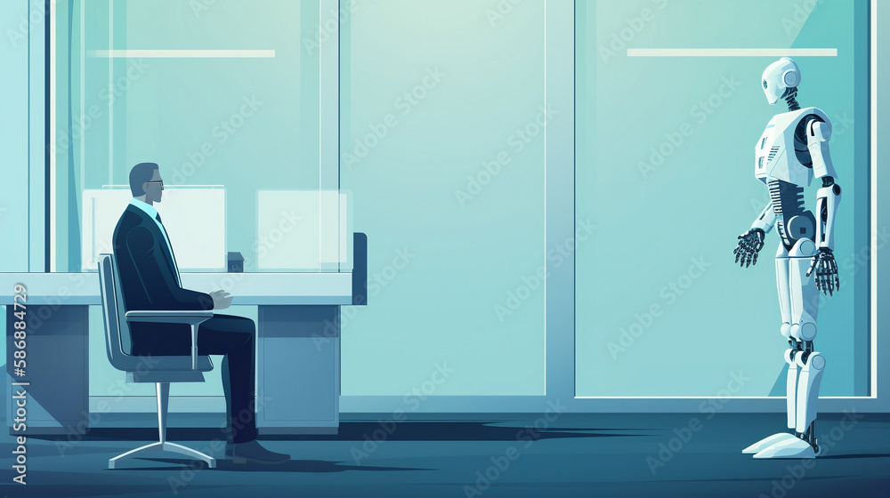 Business people and humanoid robot waiting for a job interview, Man and ...