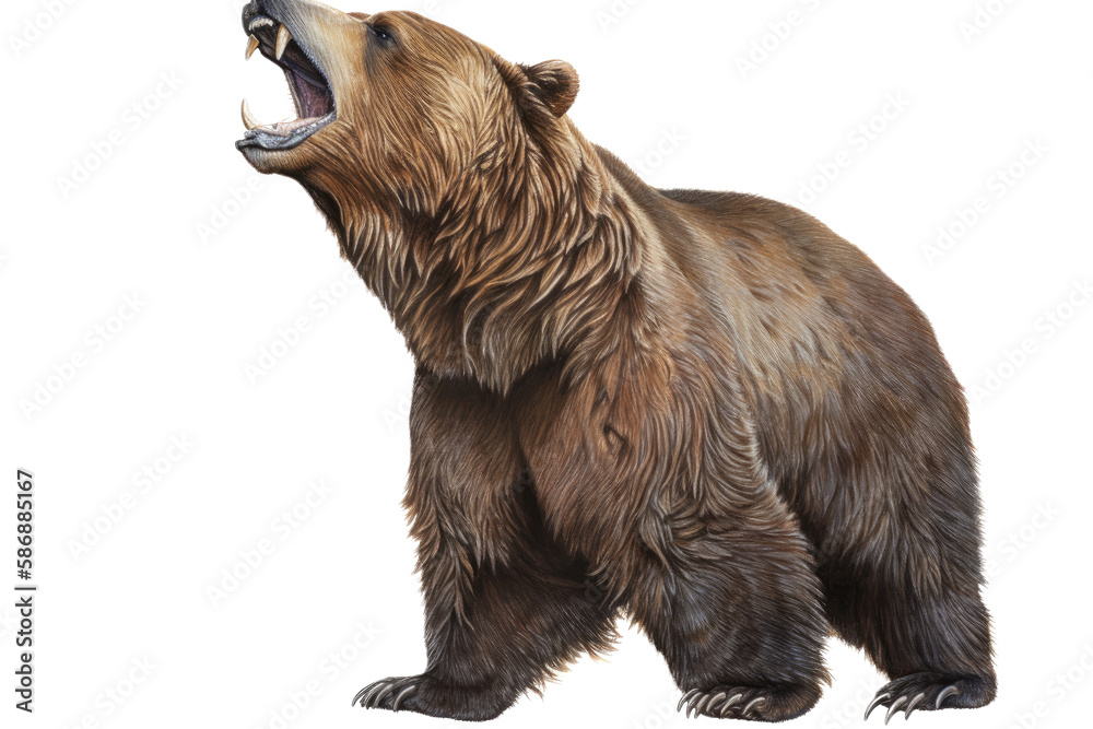 an isolated large grizzly bear roaring, front-view, fierce bear, North ...
