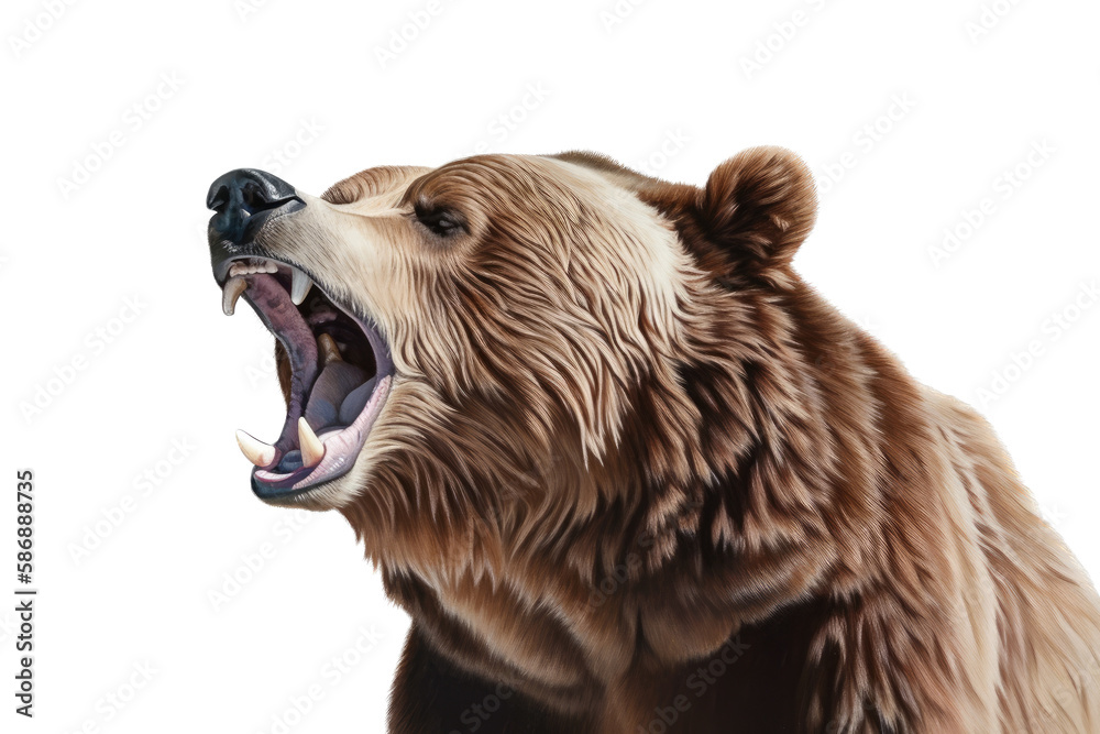 an isolated grizzly bear roaring and growling portrait, North American ...