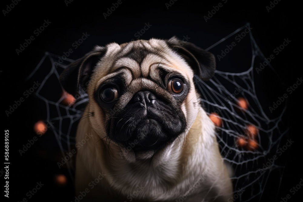Halloween amusingly terrified pug. A pug dog with a scared and ...