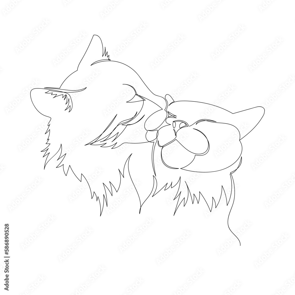 two cats. one line. a continuous infinite line. graphic contour image ...