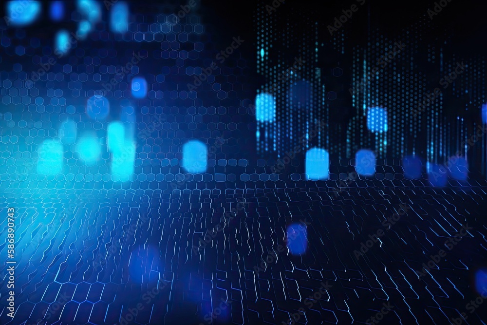 Creative blue hexagonal background with binary code. Technology, design and landing page concept ...