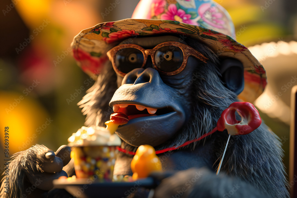 A goofy-looking gorilla wearing a sun hat and sunglasses, eating a ...