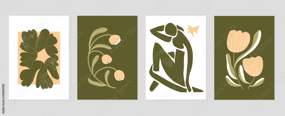 Set of abstract cover background inspired by matisse. Plants, branch, flower, nude female body ...