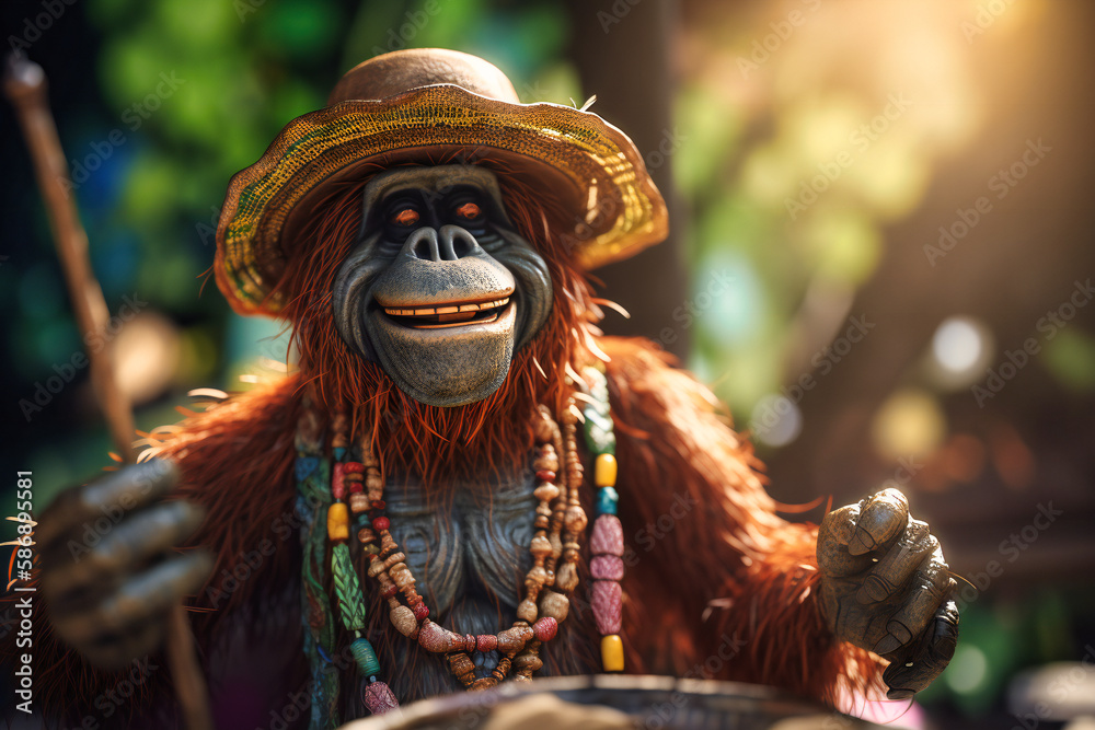 A goofy-looking orangutan wearing a sun hat and sunglasses, playing ...