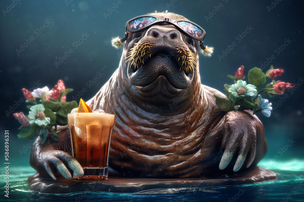 A silly-looking walrus wearing a flower crown and sunglasses, lounging ...