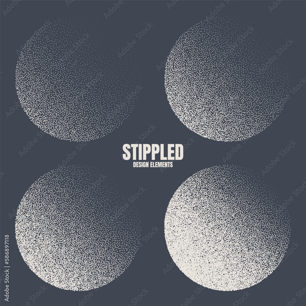 Round shaped dotted objects, stipple elements. Fading gradient ...