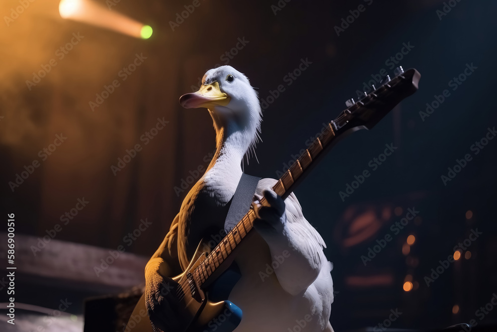 A duck plays rock music on an electric guitar with its wing on a rock ...