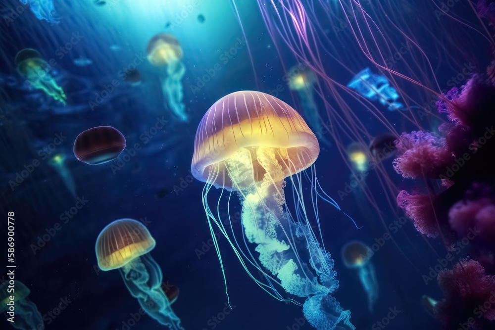 Multiple brightly coloured jellyfish in the depths of the ocean with ...