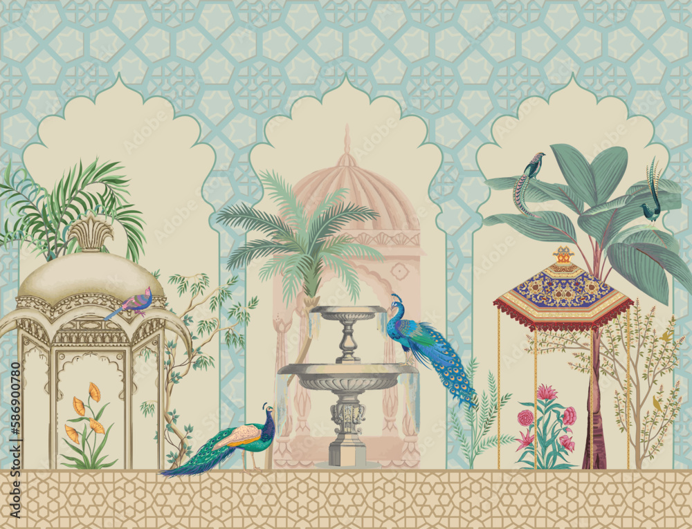 Vecteur Stock Mughal decorative pattern with palm tree, plant, bird ...
