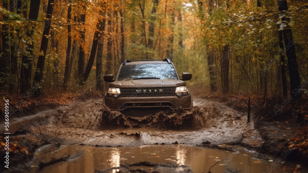 Intense Off Roading Experience: Closeup of a 4WD SUV Plowing Through ...