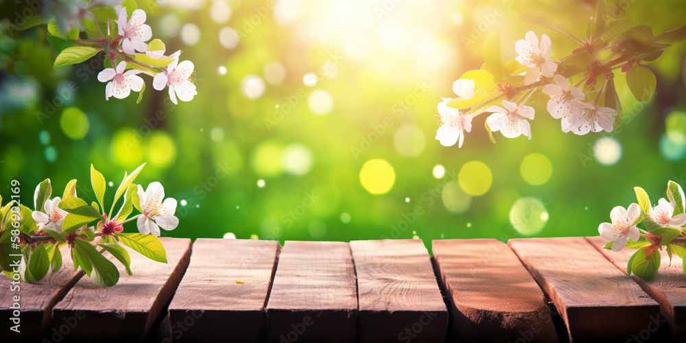 Spring background with empty wooden table. Natural template for product ...