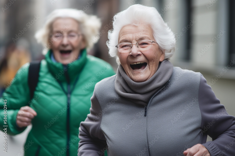 Two older women run in a street, one of them has a green jacket and the ...